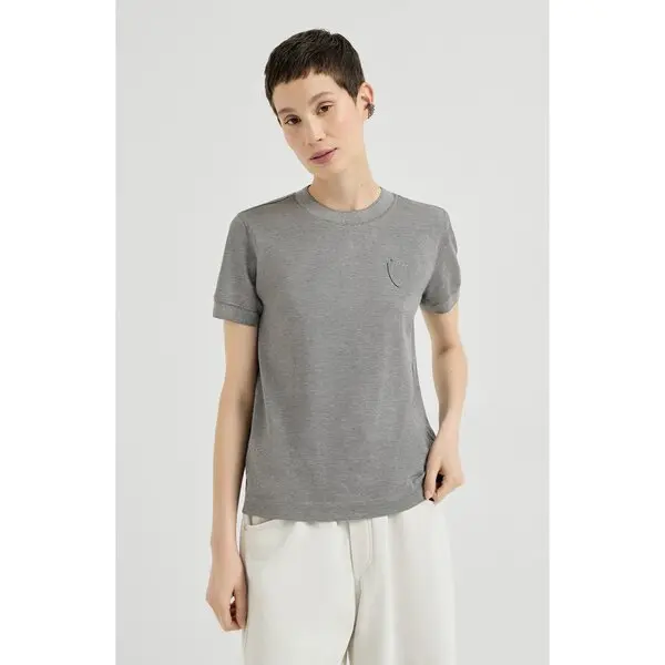 Brunello Cucinelli Stretch Cotton Piqué T-shirt With Sparkling Cotton Knit Inserts And Logo - Dark Grey