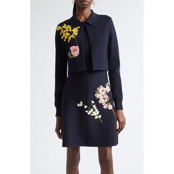 Oscar De La Renta Mixed Botanical Embroidered Cropped Wool Blend Jacket - Navy