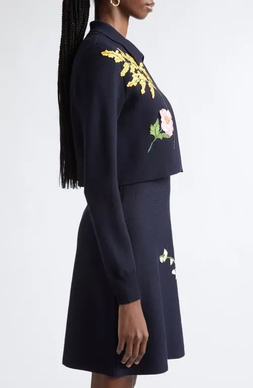 Oscar De La Renta Mixed Botanical Embroidered Cropped Wool Blend Jacket