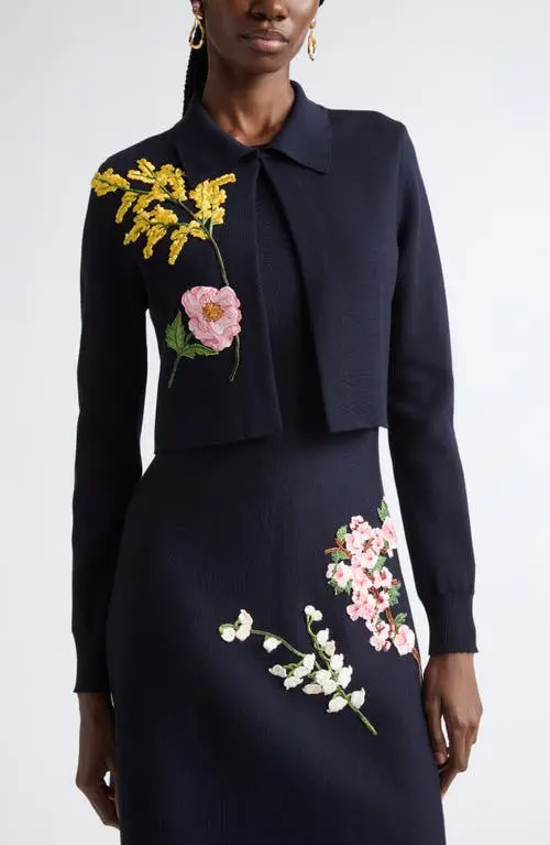 Oscar De La Renta Mixed Botanical Embroidered Cropped Wool Blend Jacket