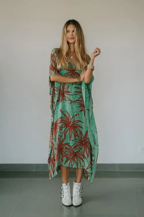 SUN CHILD Long Caftan Uni - Mint & Wine