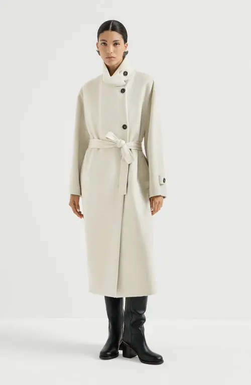 Brunello Cucinelli Hand-crafted Coat In Cashmere Beaver Double Cloth With Belt And Monili - Ivory