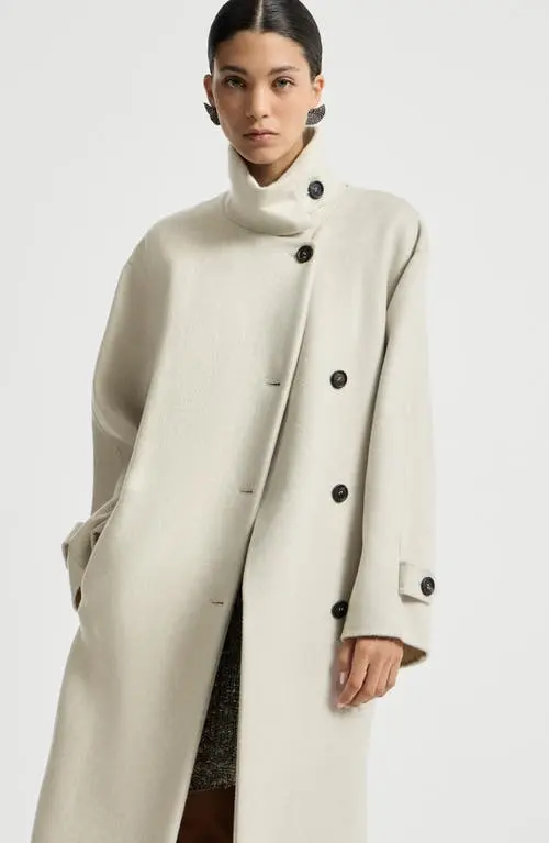 Brunello Cucinelli Hand-crafted Cashmere Beaver Double Cloth Coat With Belt And Monili - Ivory