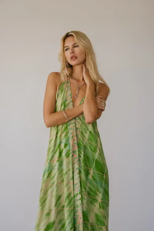 SUN CHILD Zuma" Halter Neck Maxi Dress In Reclaimed Silk Sari - Green Tie Dye