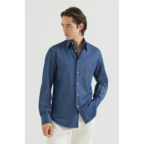 Brunello Cucinelli Lightweight Denim Shirt With Italian Collar And Chest Pocket - Dark Denim