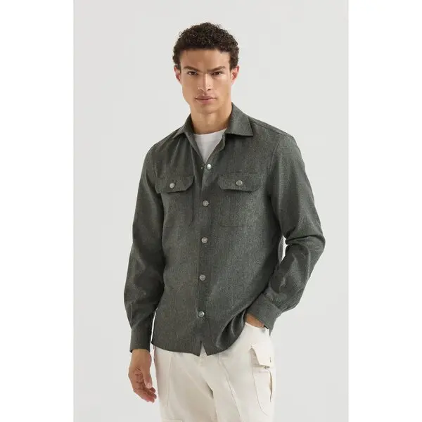 Brunello Cucinelli Virgin Wool Flannel Overshirt With Spread Collar And Chest Pockets - Forest Green