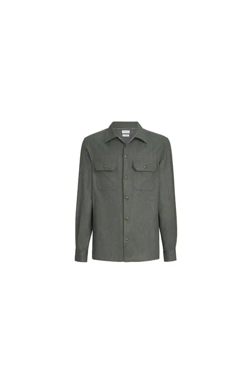 Brunello Cucinelli Virgin Wool Flannel Overshirt With Spread Collar And Chest Pockets - Forest Green