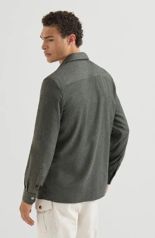 Brunello Cucinelli Virgin Wool Flannel Overshirt With Spread Collar And Chest Pockets - Forest Green