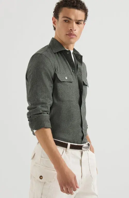 Brunello Cucinelli Virgin Wool Flannel Overshirt With Spread Collar And Chest Pockets - Forest Green