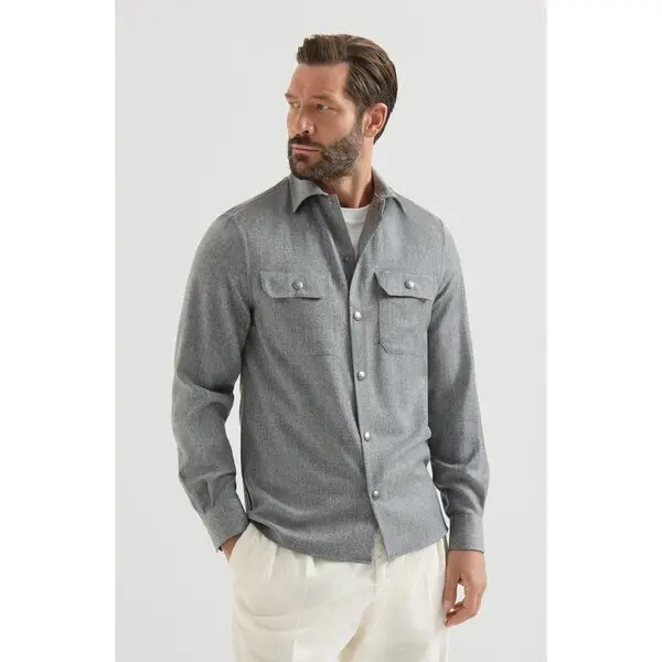 Brunello Cucinelli Virgin Wool Flannel Overshirt With Spread Collar And Chest Pockets - Grey