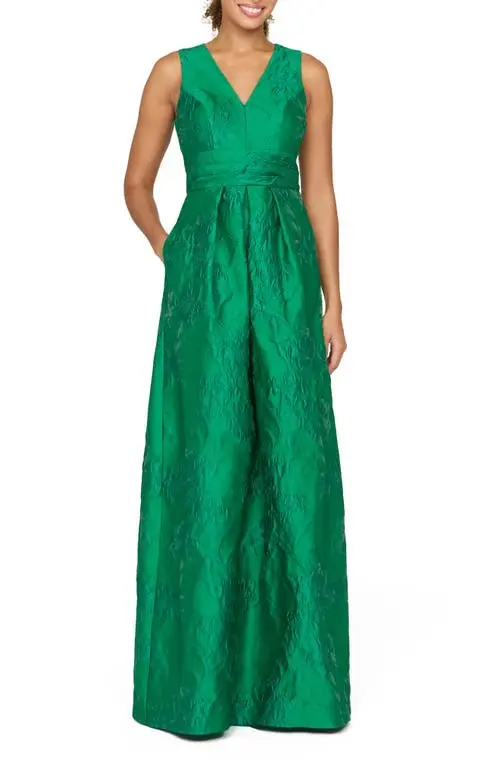 KAY UNGER Mariah Floral Jacquard Gown - Fern Green