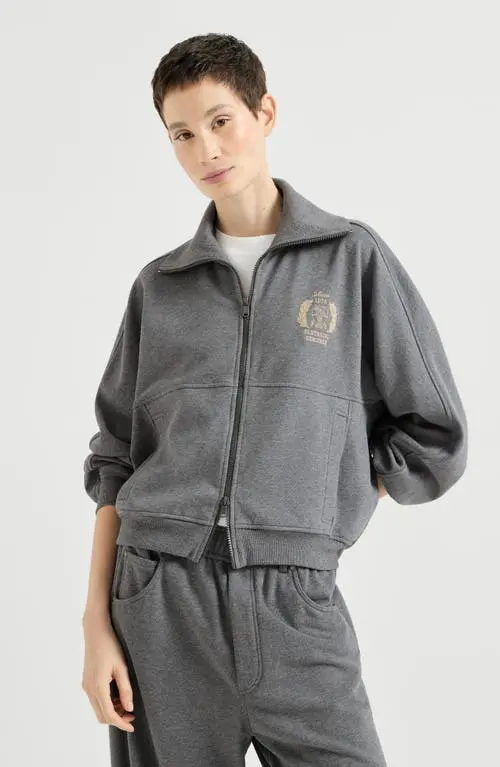Brunello Cucinelli Cotton Smooth French Terry Sweatshirt With Zip And Embroidered Logo - Dark Grey