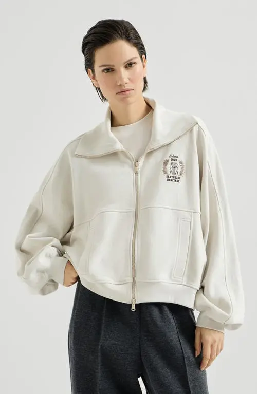 Brunello Cucinelli Cotton Smooth French Terry Sweatshirt With Zip And Embroidered Logo - Milk