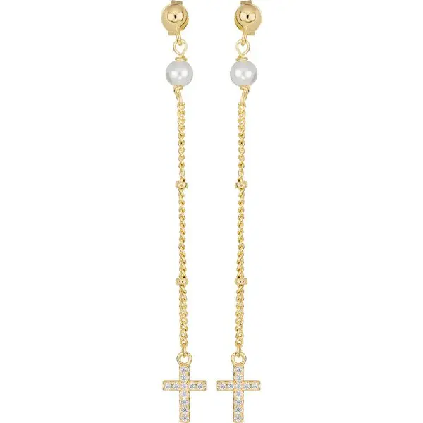 ATHRA LUXE Imitation Pearl & Cross Linear Drop Earrings - Gold