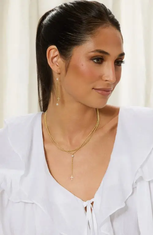 ATHRA LUXE Imitation Pearl & Cross Linear Drop Earrings - Gold