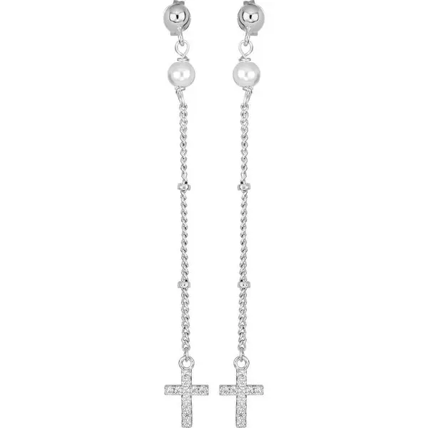 ATHRA LUXE Imitation Pearl & Cross Linear Drop Earrings - Silver
