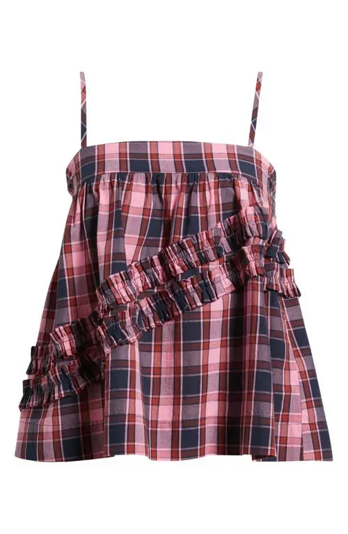 DAMSON MADDER Nyra Ruffle Plaid Organic Cotton Cami - Magenta