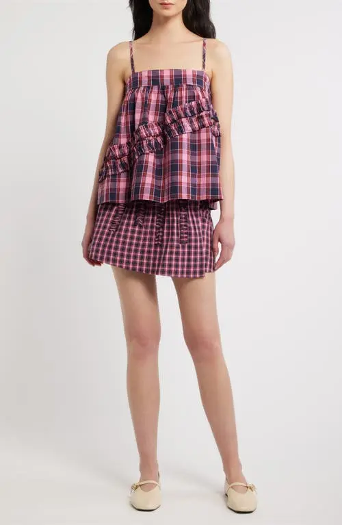 DAMSON MADDER Nyra Ruffle Plaid Organic Cotton Cami - Magenta