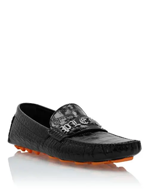 Philipp Plein Printed Crocco Leather Drivers Shoes - Black