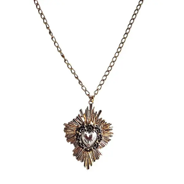 VSTYLE Sacred Heart Statement Necklace – Black Crystal & Silver Heart - Gold