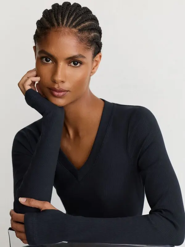 REISS V-neck Long Sleeve Ruched Top - Navy