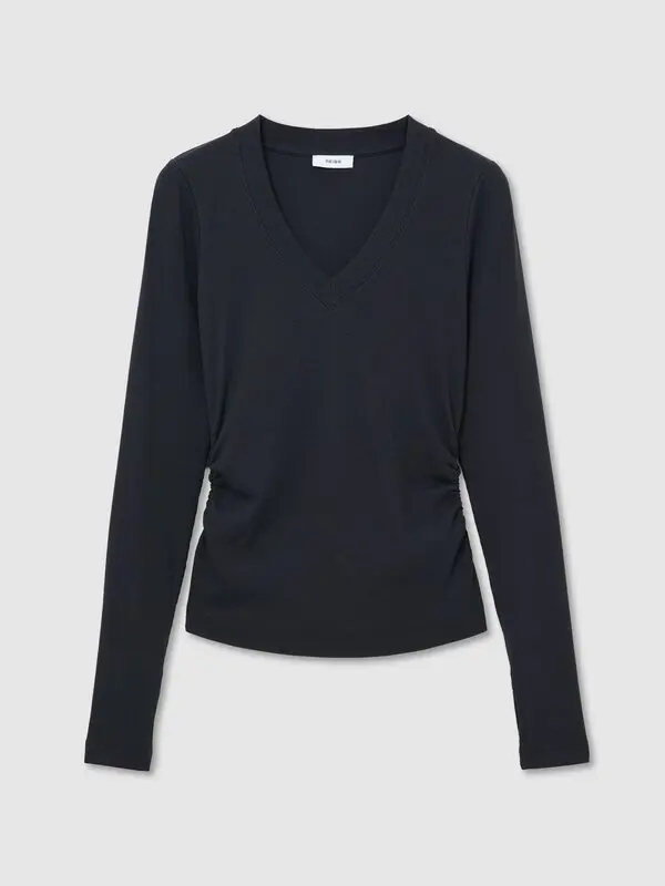 REISS V-neck Long Sleeve Ruched Top - Navy
