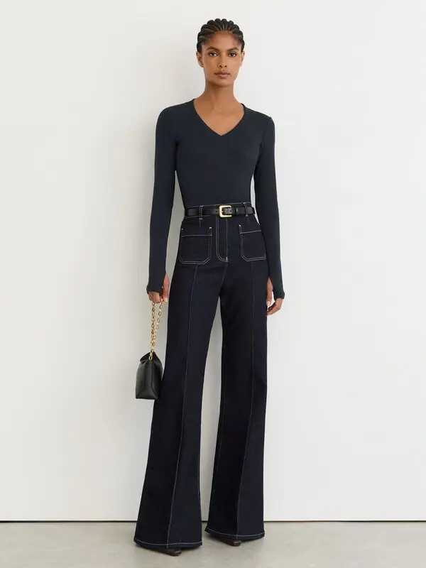 REISS V-neck Long Sleeve Ruched Top - Navy