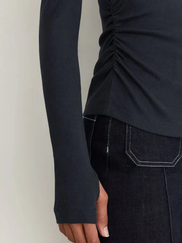 REISS V-neck Long Sleeve Ruched Top - Navy