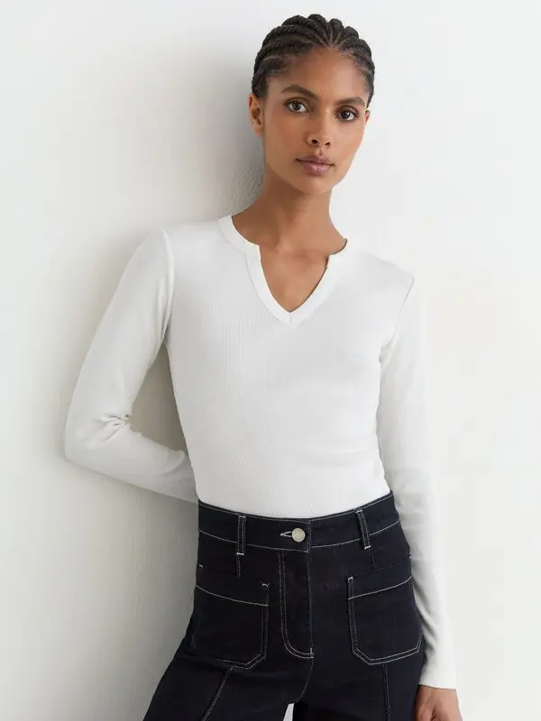 REISS Athena Stretch-cotton Notch-neck Top - White