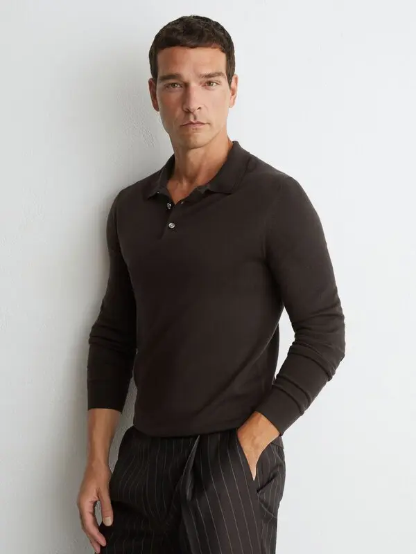 REISS Trafford Merino Wool Long-sleeve Polo Shirt - Chocolate Brown