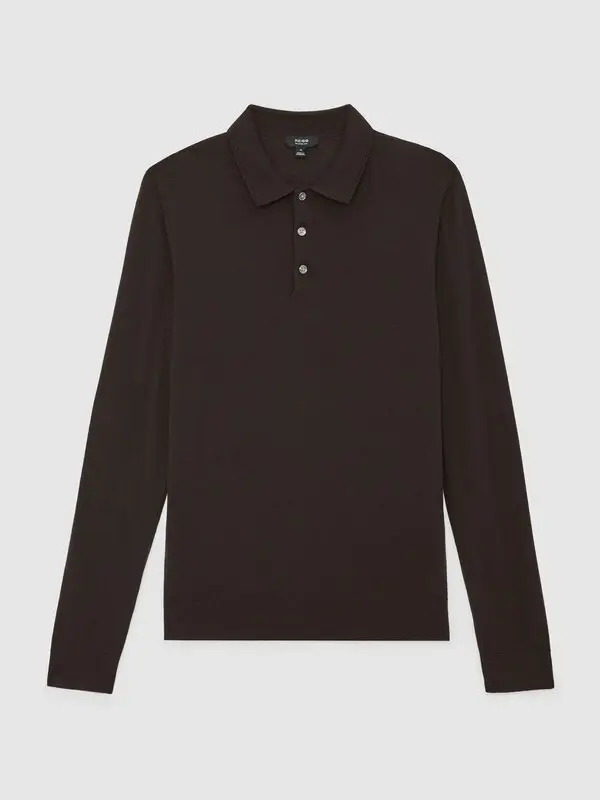 REISS Trafford Merino Wool Long-sleeve Polo Shirt - Chocolate Brown