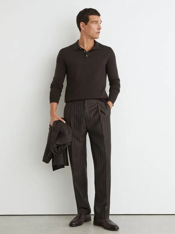 REISS Trafford Merino Wool Long-sleeve Polo Shirt - Chocolate Brown