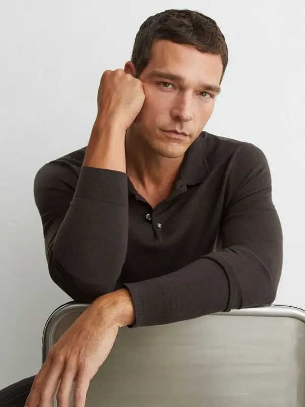 REISS Trafford Merino Wool Long-sleeve Polo Shirt - Chocolate Brown