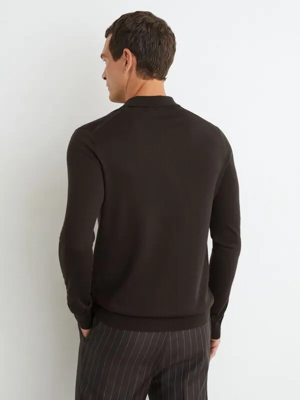 REISS Trafford Merino Wool Long-sleeve Polo Shirt - Chocolate Brown