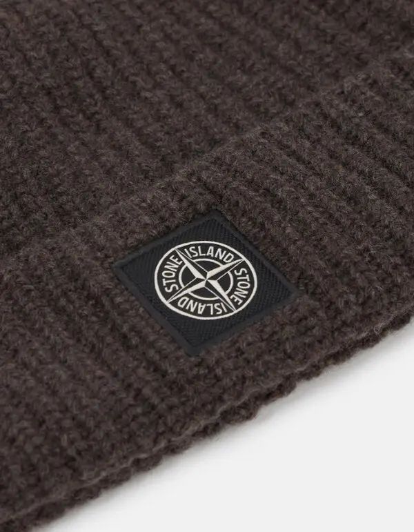 Stone Island Ribbed Knit Beanie With Compass Logo Patch