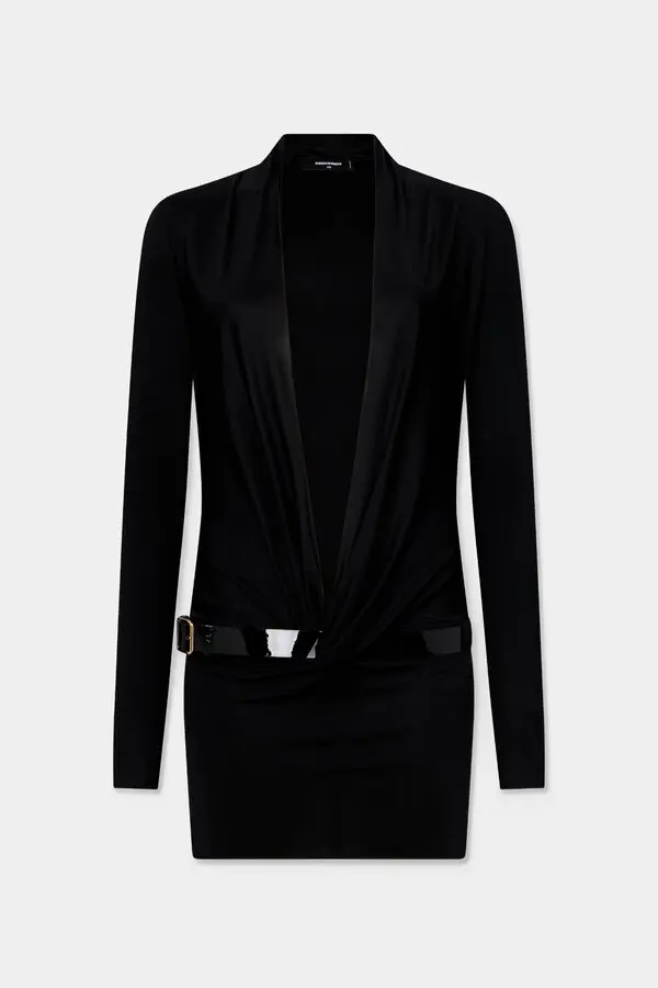 Dsquared2 Long Sleeve Deep Plunge Mini Dress With Belt - Black