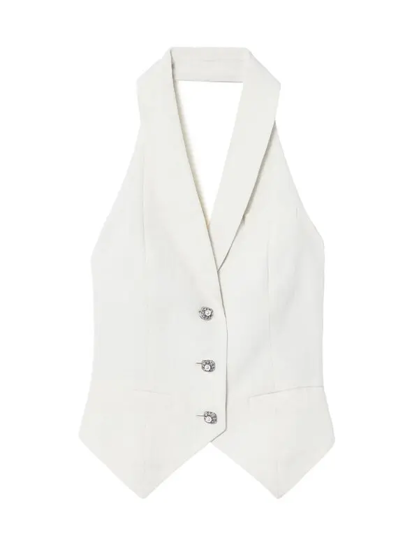 SELF-PORTRAIT Linen Halterneck Vest With Crystal Buttons