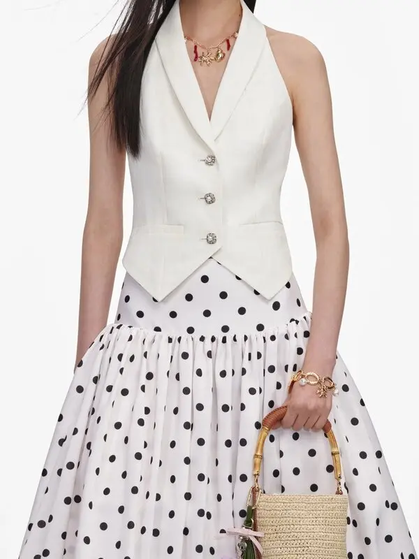 SELF-PORTRAIT Linen Halterneck Vest With Crystal Buttons
