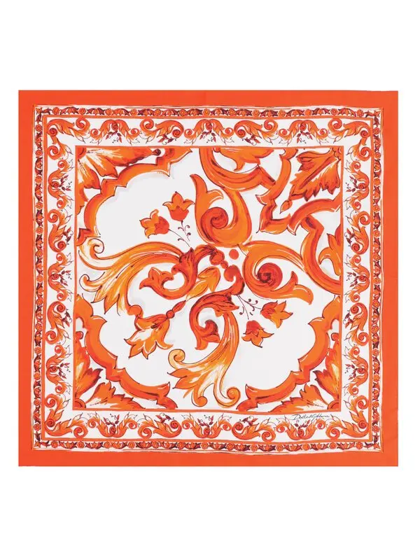 Dolce & Gabbana Foulard In Twill Di Seta Stampa Maiolica - Orange