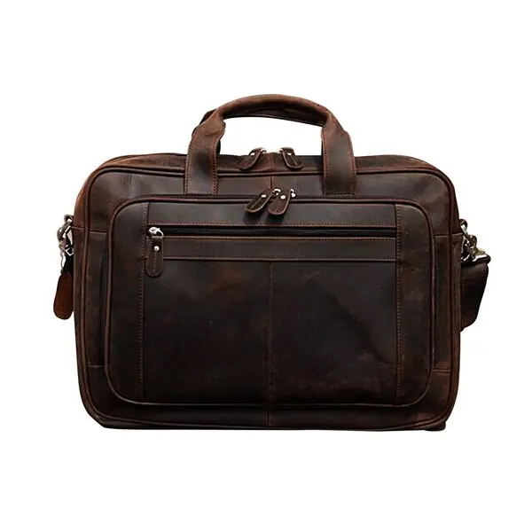 TOURI Genuine Leather Briefcase With Luggage Strap - Brown