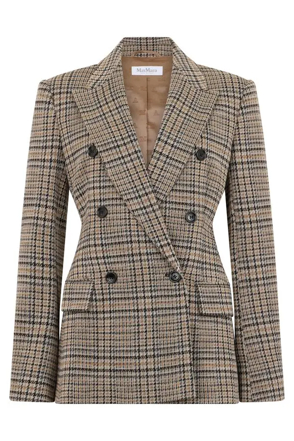Max Mara Tailored Double-breasted Check Jacket In Wool-cotton Blend - Brown