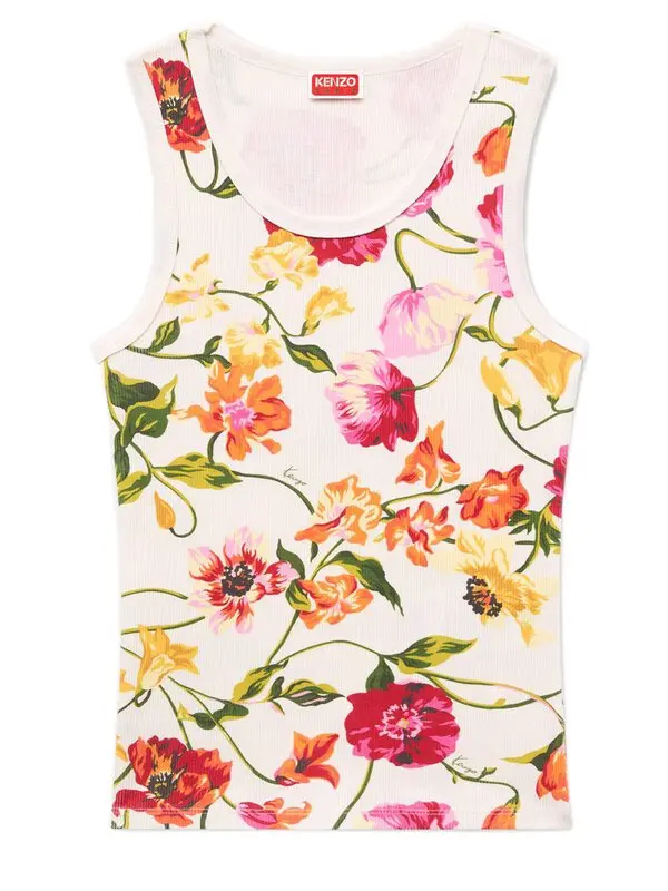 Kenzo Ribbed Floral Cotton Tank Top - Bianco
