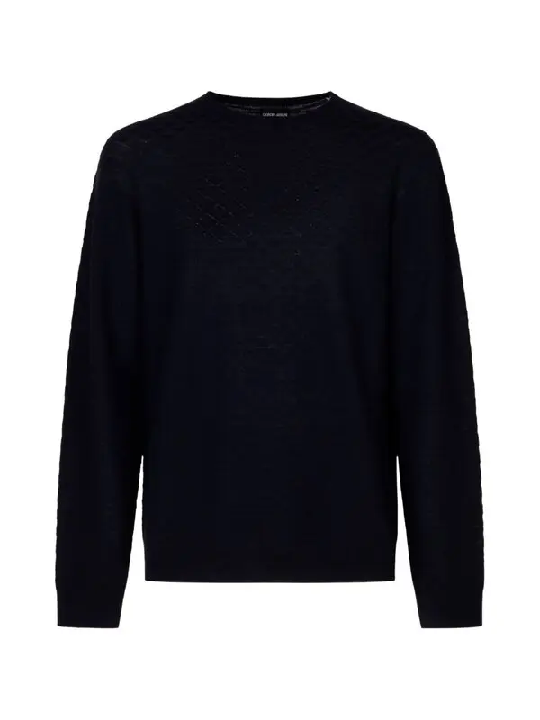 Giorgio Armani 100% Virgin Wool Textured Crew Neck Sweater - Navy