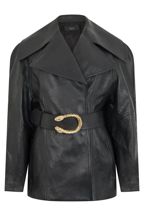 Gucci Knotted Double-breasted Leather Jacket - Black