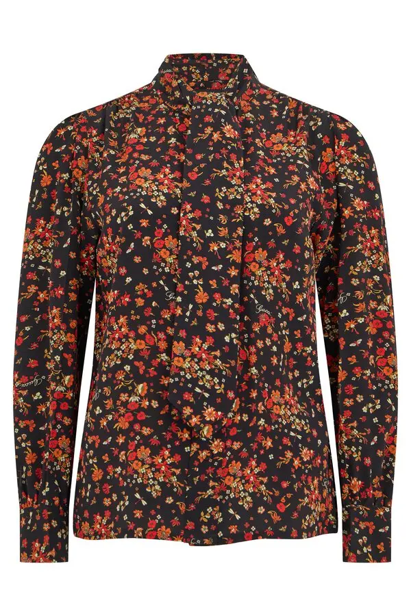 Gucci Floral Long-sleeve Silk Shirt With Classic Collar - Black