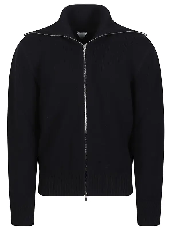 Bottega Veneta Black Wool Zip-up Sweater With Ribbed Details - Navy