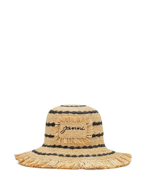 GANNI Logo Frayed Edge Raffia Hat - Beige