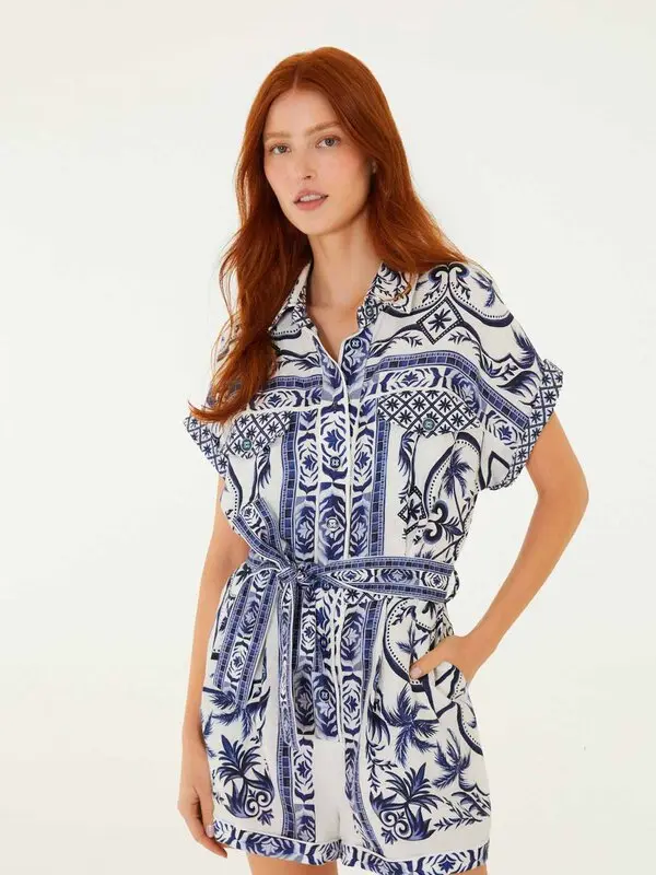 Farm Rio All-over Print Linen Belted Romper - Bianco