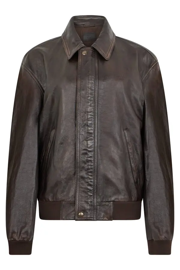 Prada Leather Jacket With Front Zip And Classic Collar - Brown