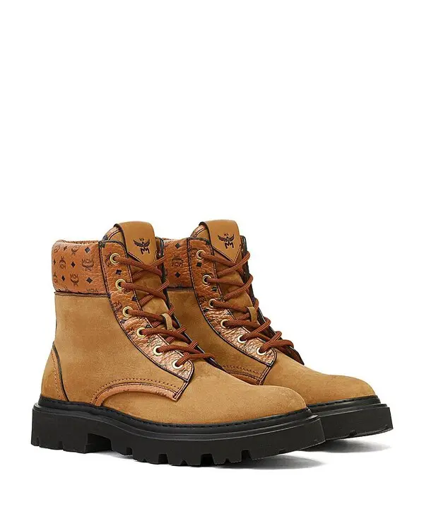Mcm Ankle Boots In Nubuck And Monogram Print Leather - Cognac
